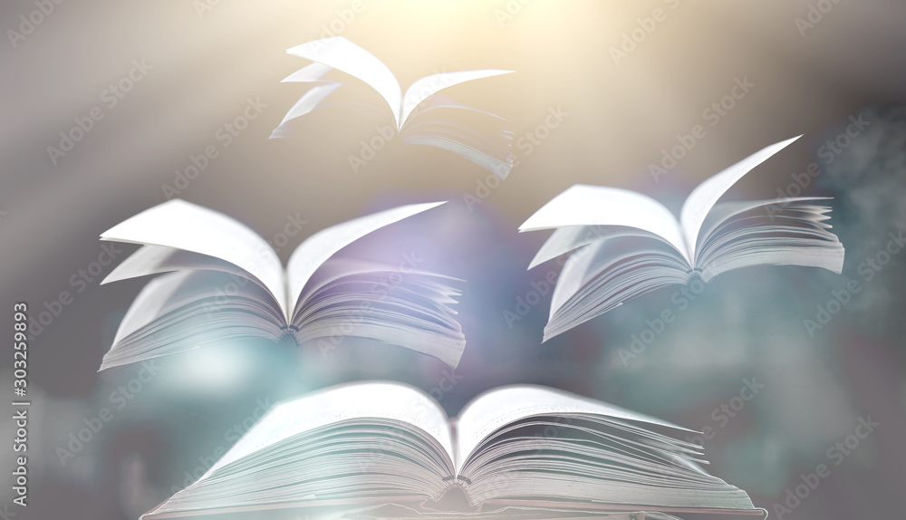 surreal book concept pages flying out of book Stock Photo | Adobe Stock