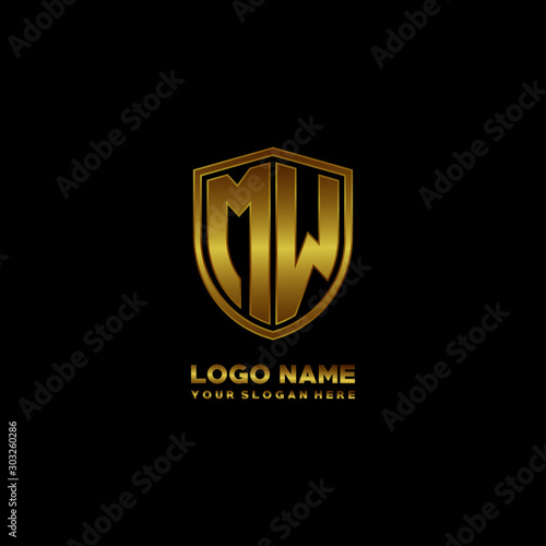 Initial letters MW shield shape gold monogram logo. Shield Secure Safe ...