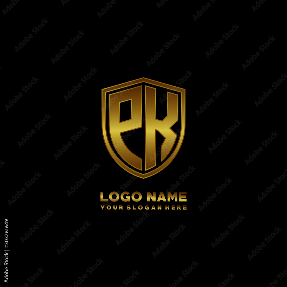 Initial letters PK shield shape gold monogram logo. Shield Secure Safe ...