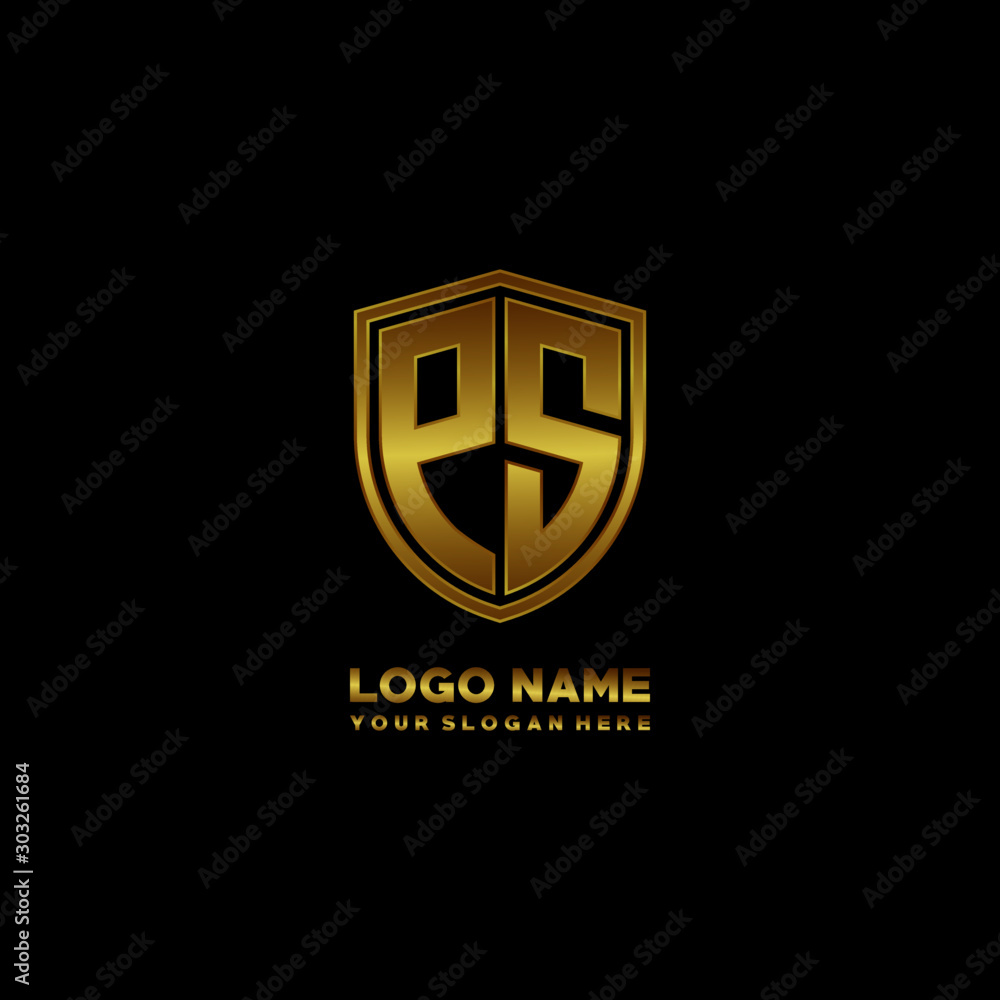 Initial letters PS shield shape gold monogram logo. Shield Secure Safe ...