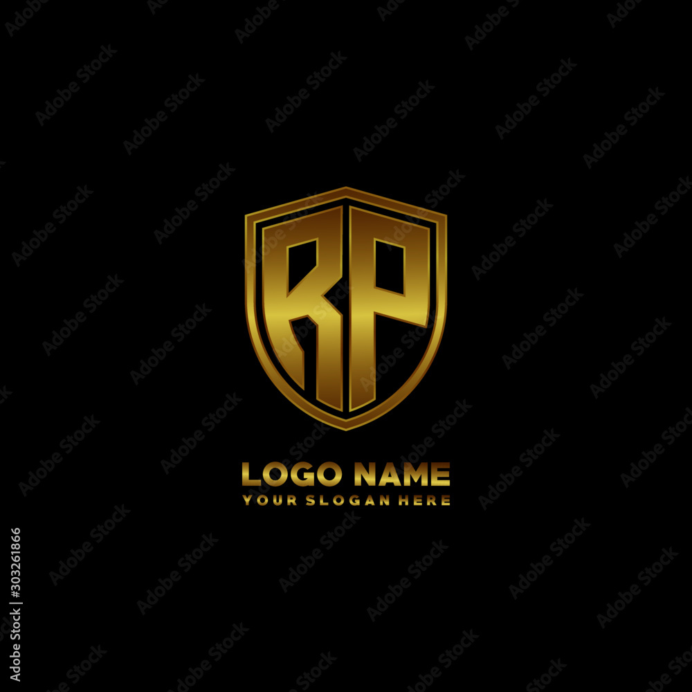 Initial letters RP shield shape gold monogram logo. Shield Secure Safe ...