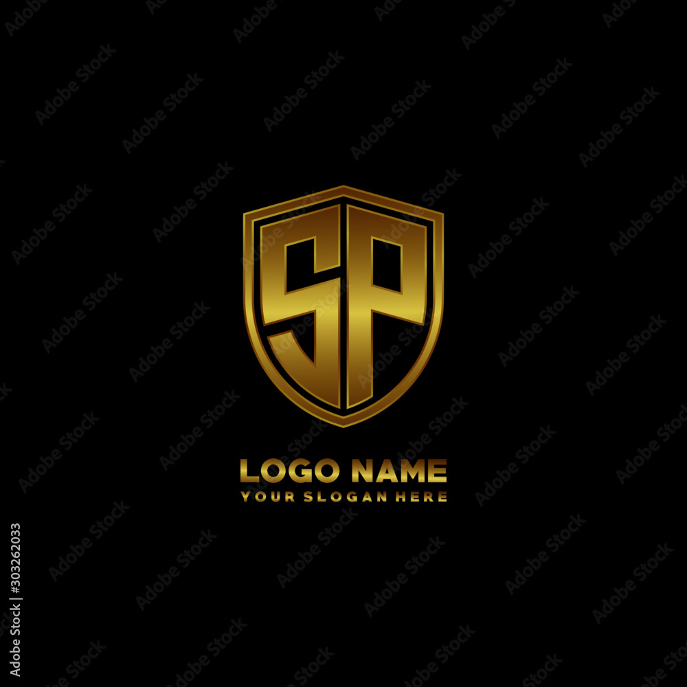 Initial letters SP shield shape gold monogram logo. Shield Secure Safe ...