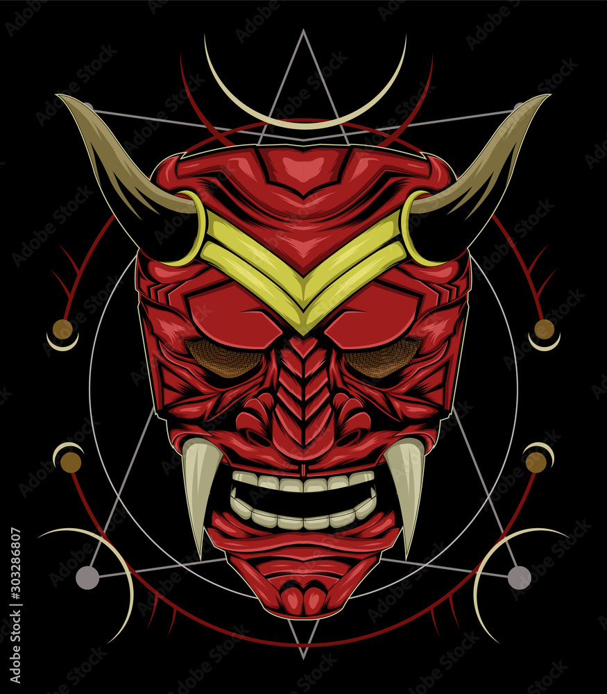 Japanese hannya demon mask.. red devil face illustration. vector head ...