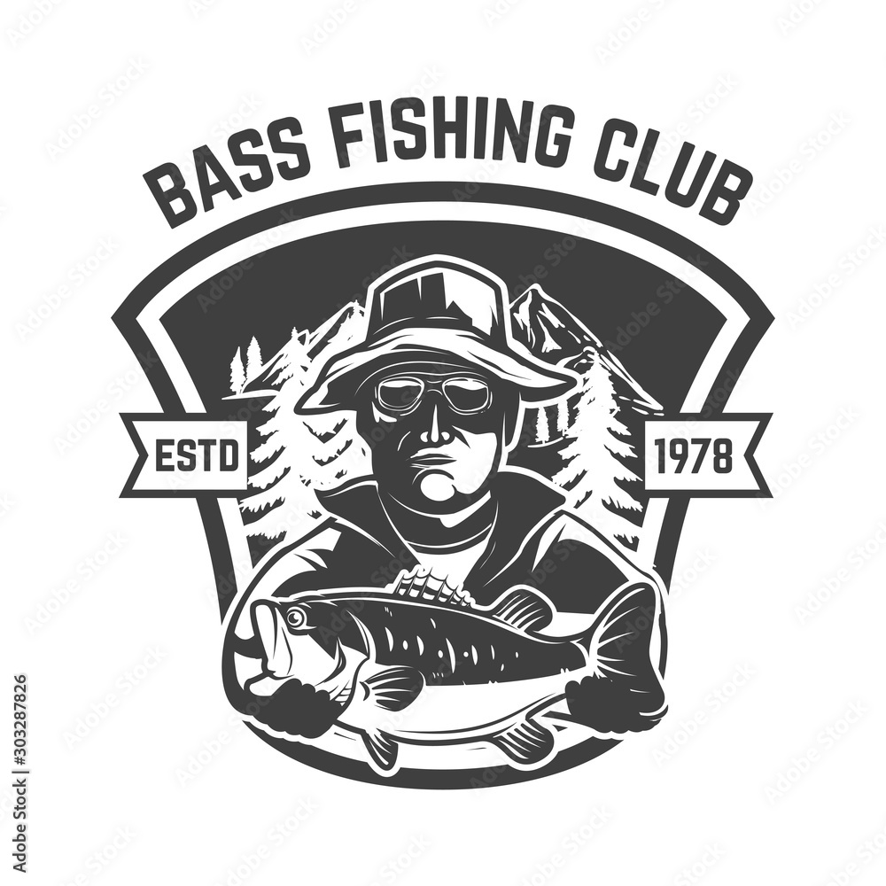 Bass fishing club. Emblem template with fisherman and perch. Design ...