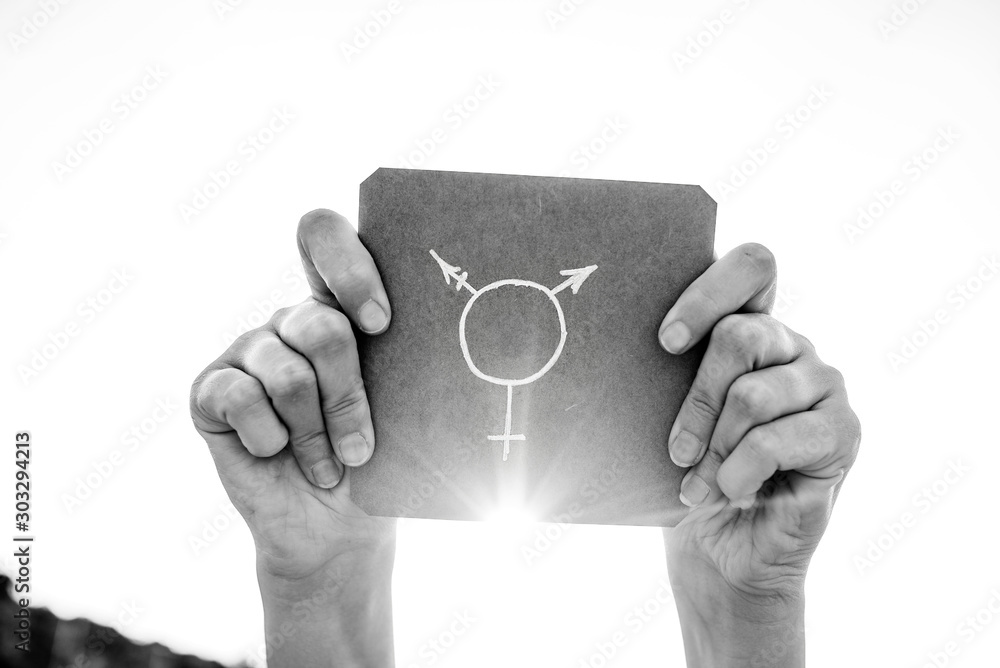 The symbol of the transgender in hands on a cardboard plate. Stock ...