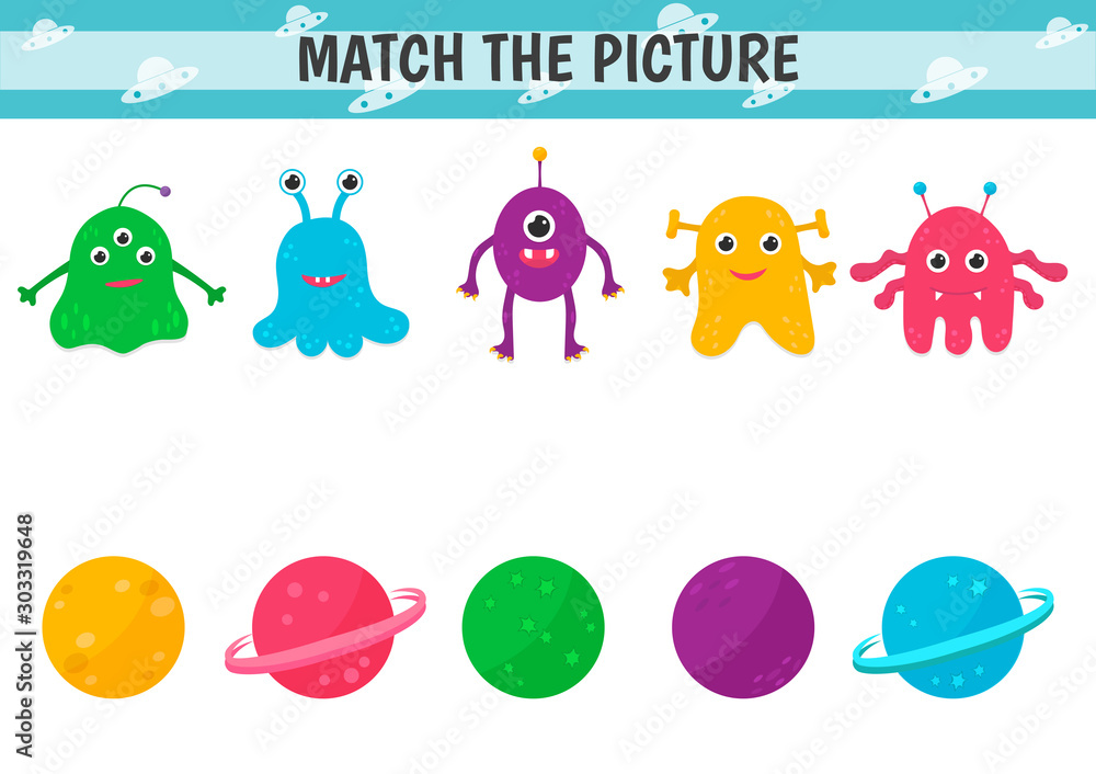 Children's educational game. Connect the colors. Cute aliens and their ...