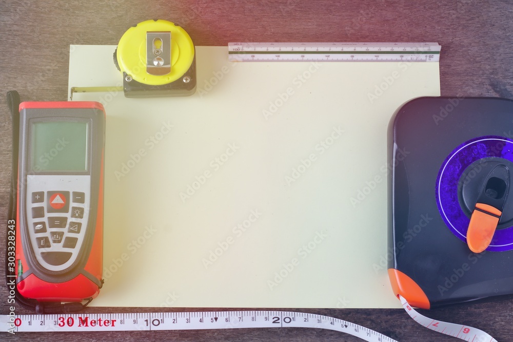 Desk background, length measuring instrument, laser meter, meter, ruler ...