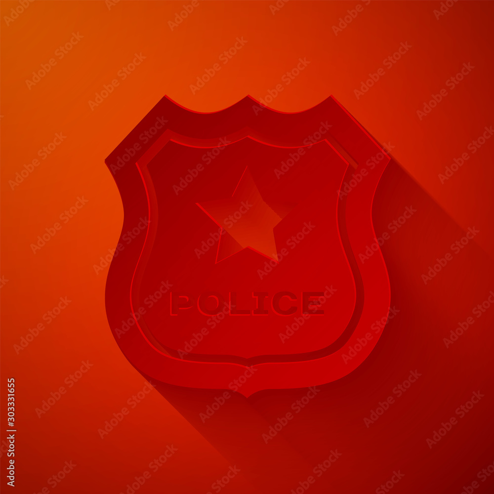 Paper cut Police badge icon isolated on red background. Sheriff badge ...