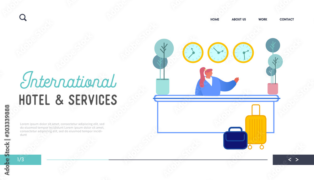 Hotel Reception Website Landing Page. Receptionist at Desk with Room ...