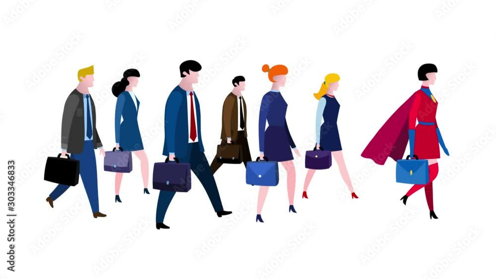 Please follow me! A group of cartoon business people walking. They ...