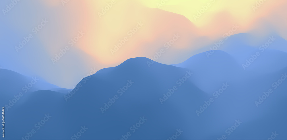 Landscape with mountains and sun. Sunrise. Mountainous terrain ...