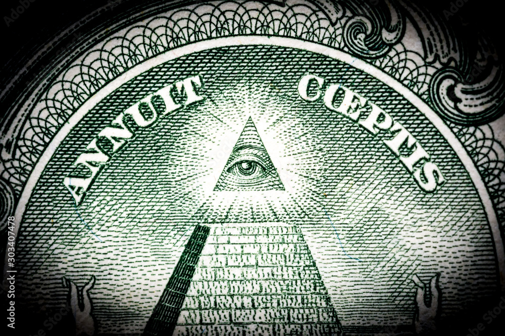 Pyramid macro close-up on a banknote of 1 US dollars. Detail of one ...