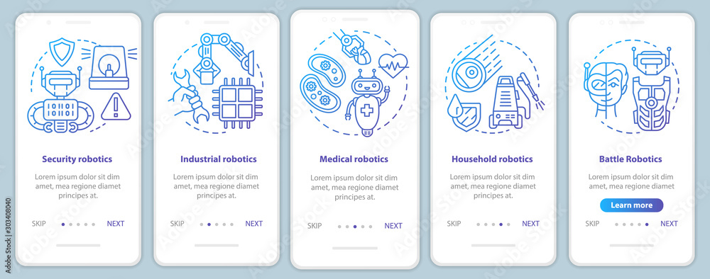 Types robotics onboarding mobile app page screen vector template. Guard ...