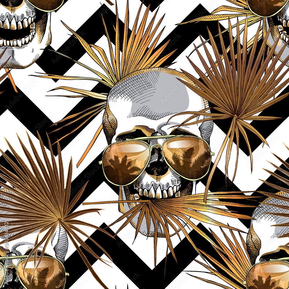 Seamless gold and silver pattern. Tropical leaves. Exotic fan palm and ...