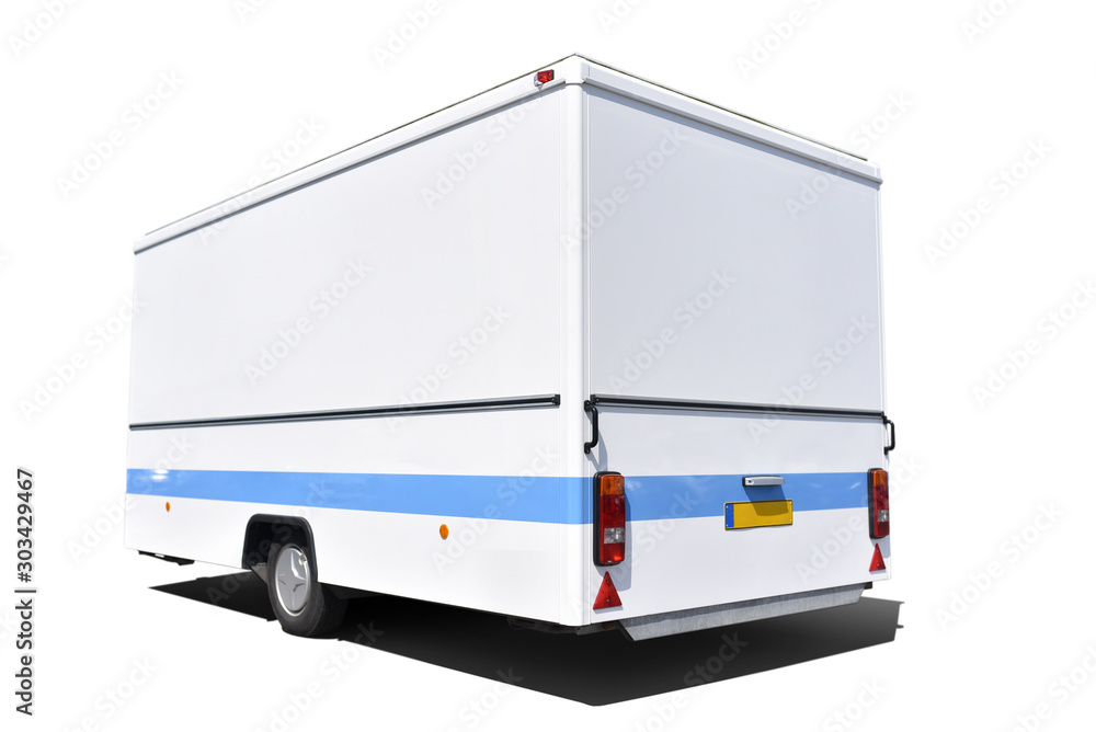 white car trailer with blue line in isolation on white background or ...