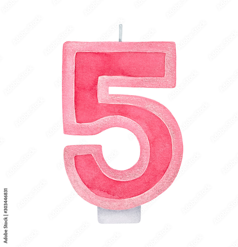 ภาพประกอบสต็อก Watercolour drawing of pink "Number 5" candle decorated ...