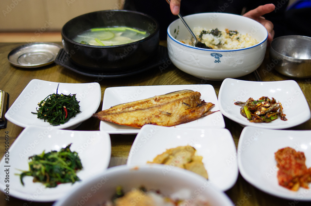 Korea set menu with vegetable and fish Stock Photo | Adobe Stock