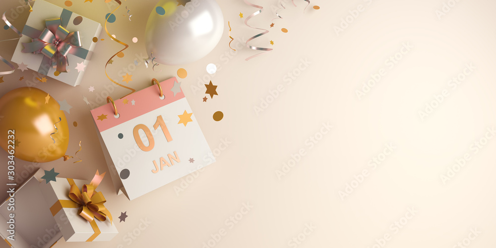 Happy New Year design creative concept, January 1st calendar, gold ...