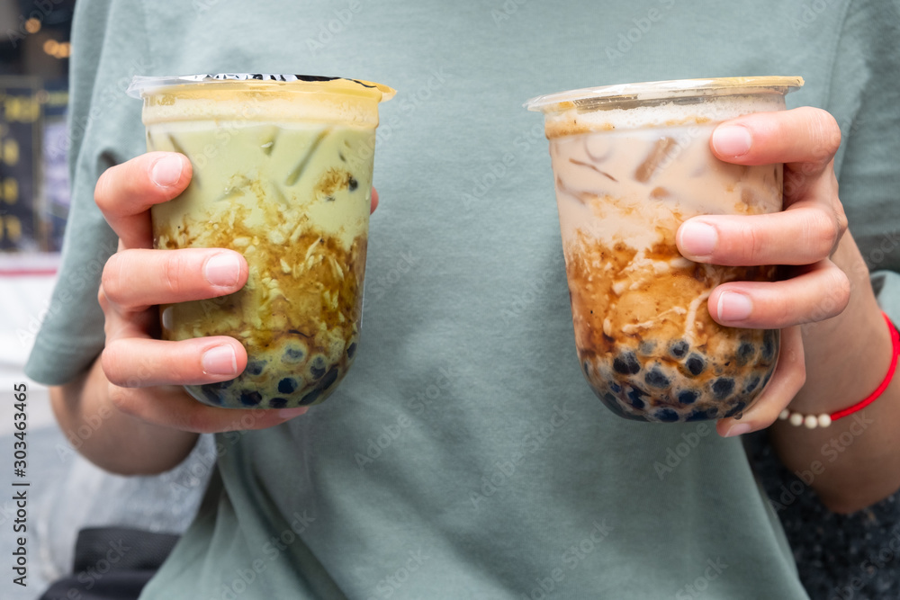 Cropped Shot Of Woman Holding A Couple Cup Of Iced Bubble Tea Milk Tea