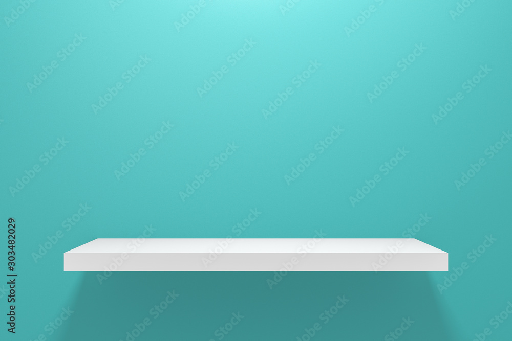 Front view of empty shelf on light green wall background with modern ...