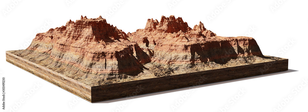model of a cross section of a desert mountain, mesa isolated with ...