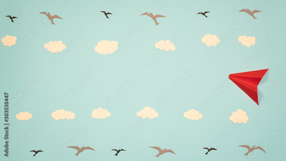 Paper airplanes flying over a sky with clouds and birds and takeoff ...