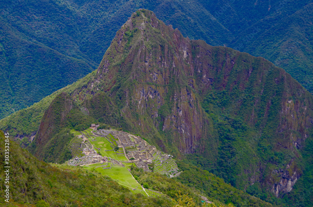 Panoramic view from Machu Picchu Mountain onto mountains and valleys ...