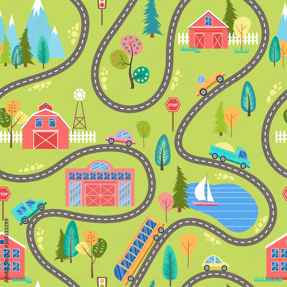 Seamless countryside landscape pattern with houses, lake, mountains ...
