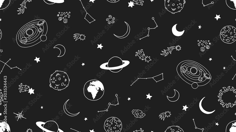 Space seamless pattern. Stars moon planets vector illustration. Galaxy ...