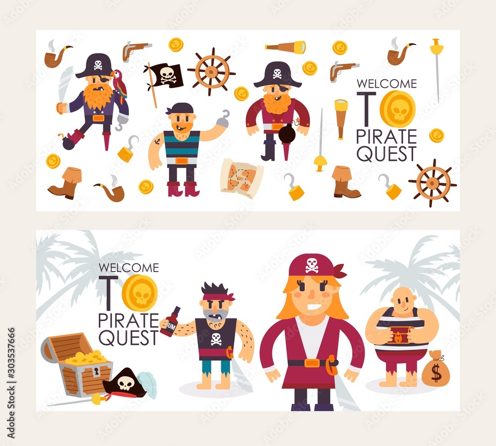 Pirate quest invitation, vector illustration. Flat style banner with ...