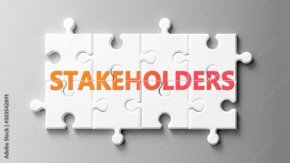 Stakeholders complex like a puzzle - pictured as word Stakeholders on a ...
