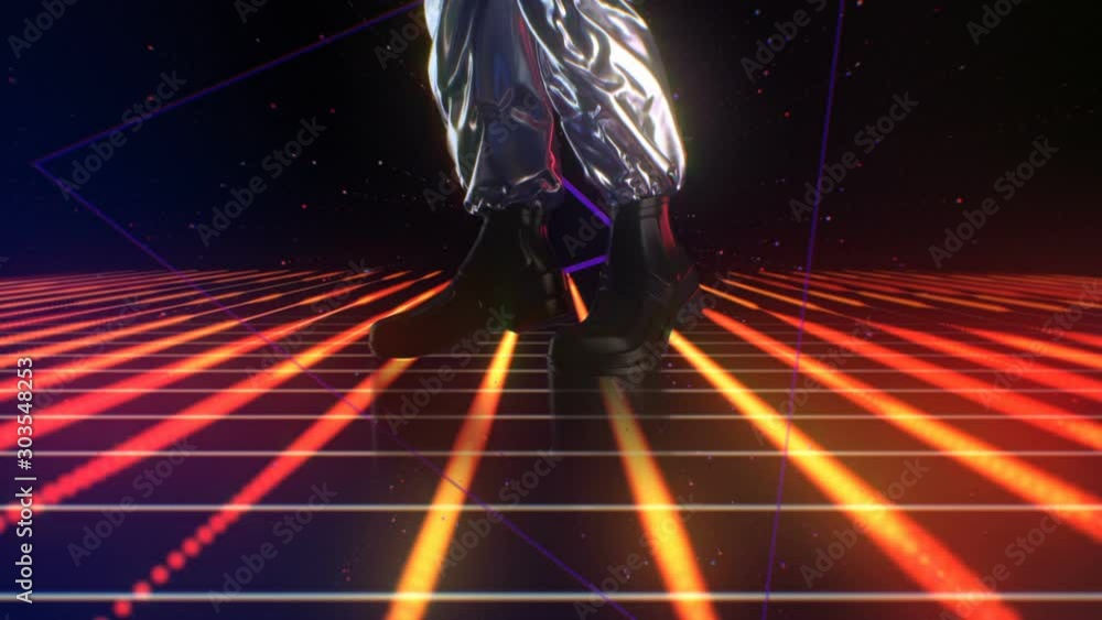 Retro-futuristic 80s dancing legs on Disco Neon Lights background Stage ...
