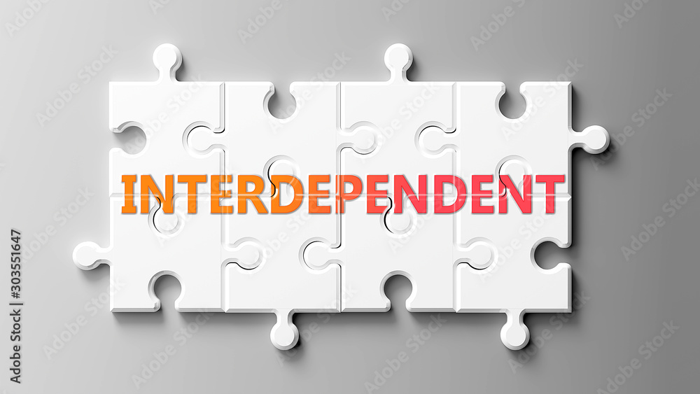 Interdependent complex like a puzzle - pictured as word Interdependent ...