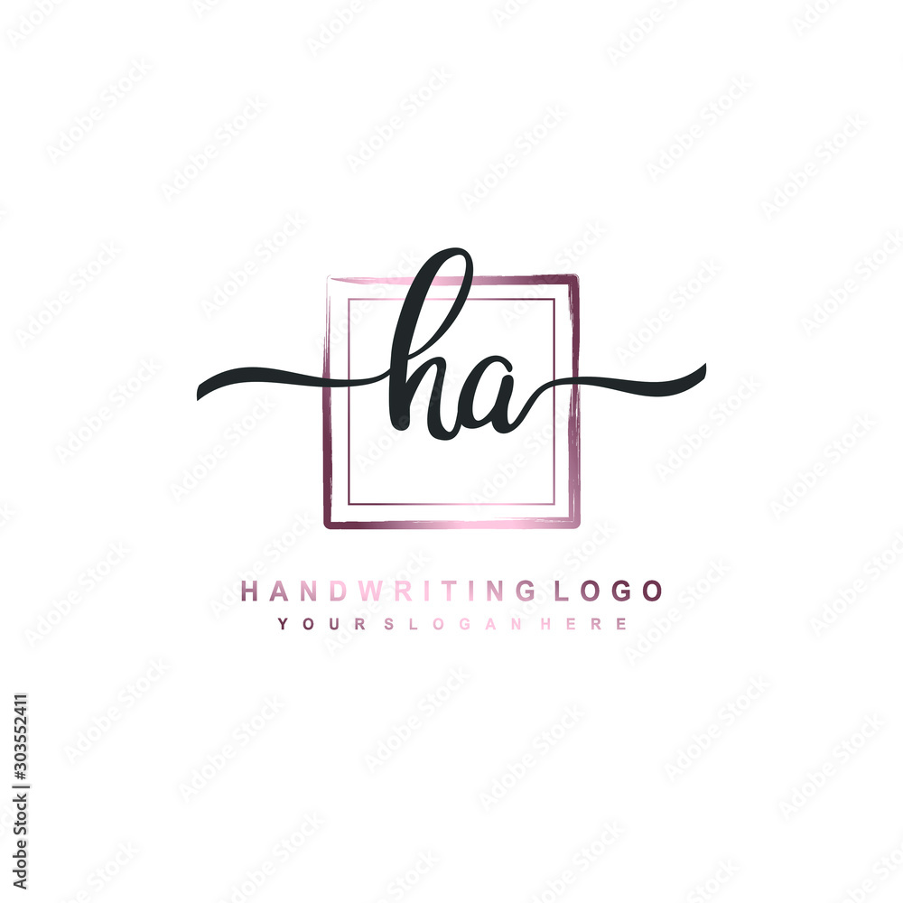 HA Initial handwriting logo design with brush box lines dark pink color ...