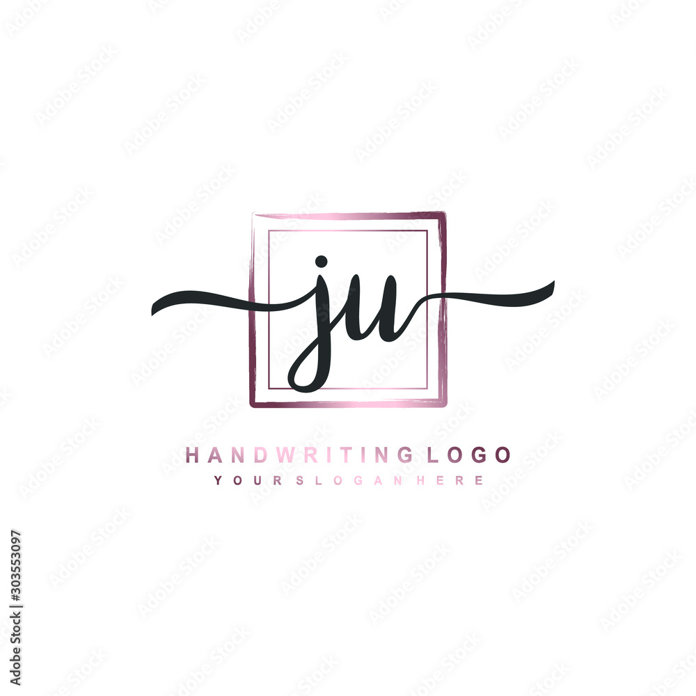 JU Initial handwriting logo design with brush box lines dark pink color ...
