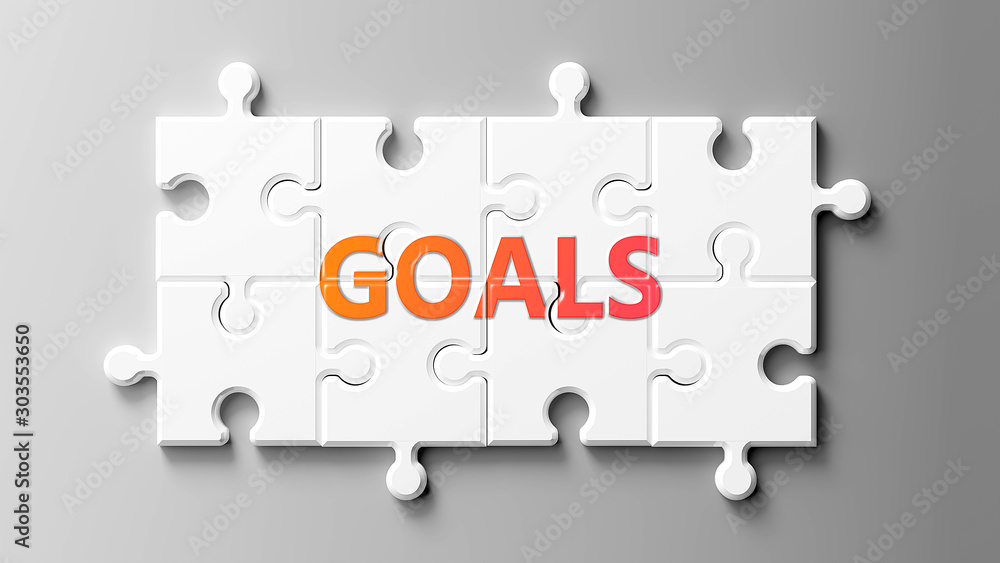 Goals complex like a puzzle - pictured as word Goals on a puzzle pieces ...