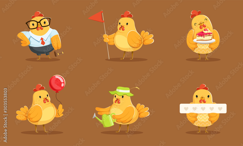 Animated Baby Chickens In Different Poses Vector Illustration Set ...