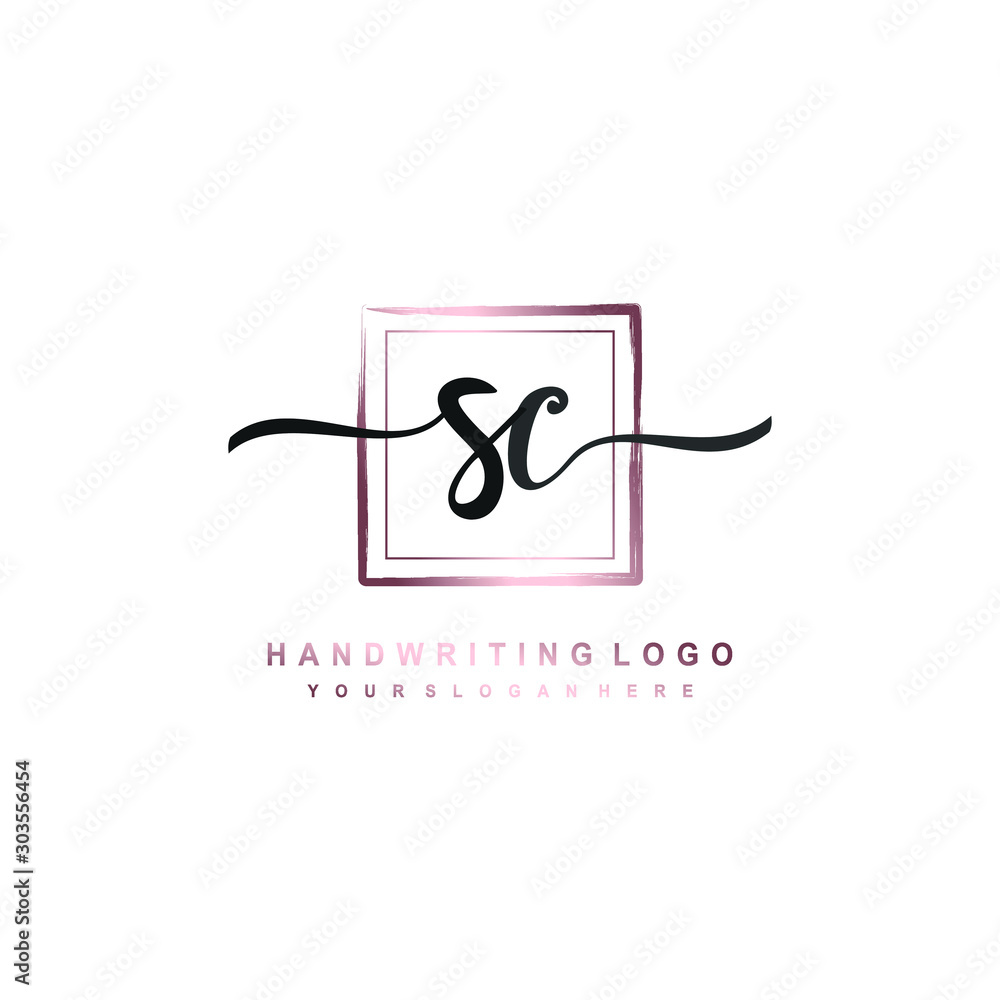 SC Initial handwriting logo design with brush box lines dark pink color ...