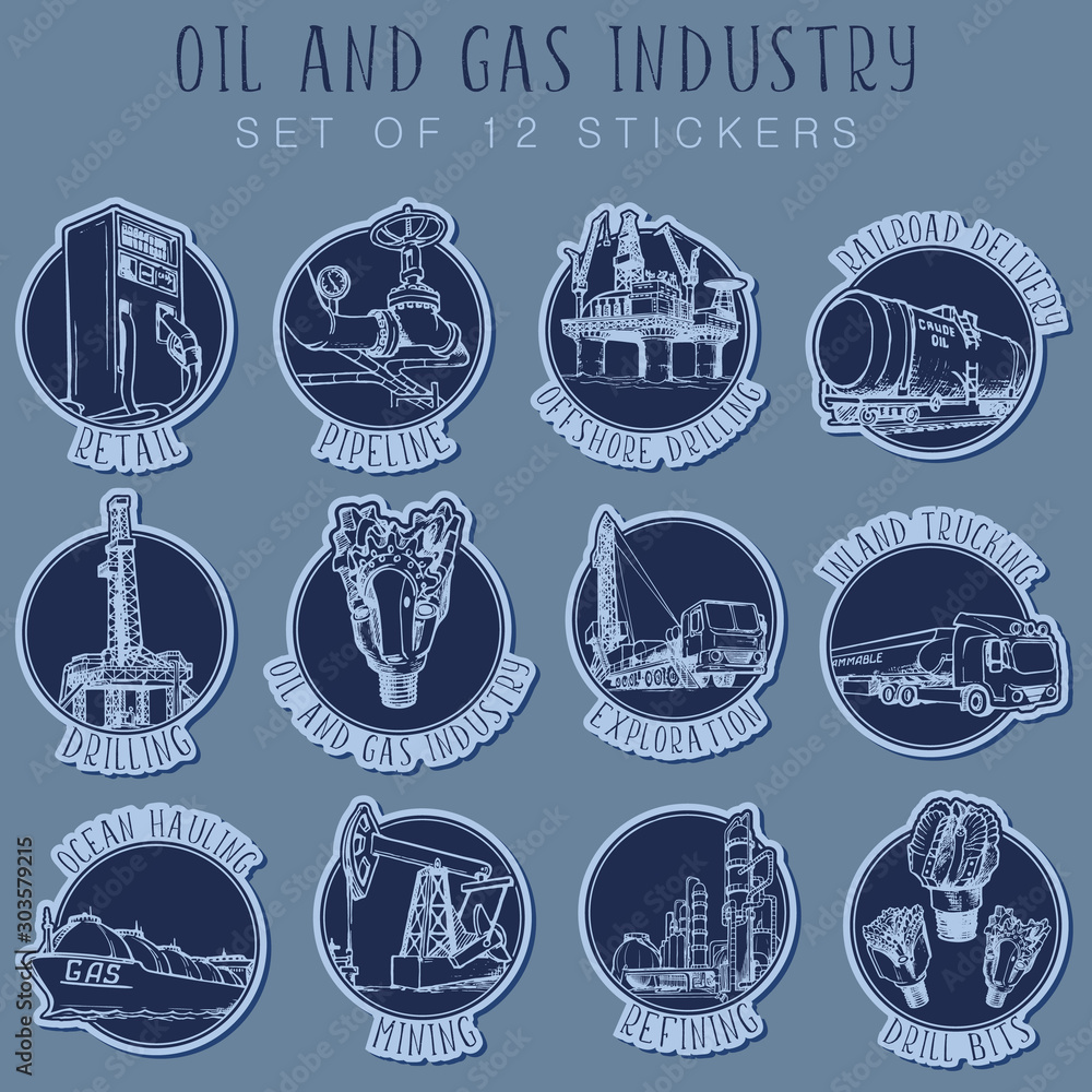 Oil and Gas infographic set. 12 sketch style pictograms with explaining ...