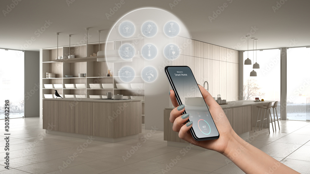 Smart home technology interface on phone app, augmented reality ...