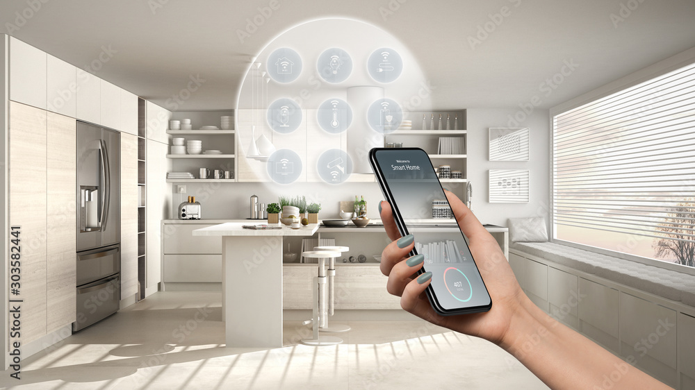 Smart home technology interface on phone app, augmented reality ...