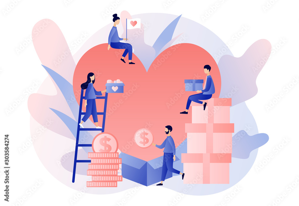 Donation and volunteers work concept. Tiny people with big heart ...