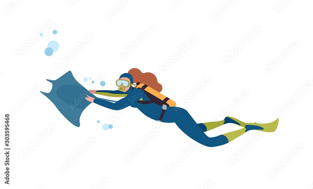 Female diver flat vector illustration. Woman swimming with stingray ...