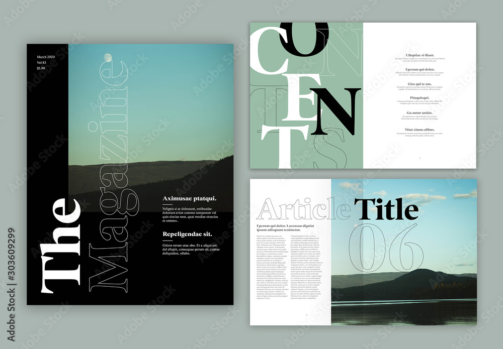 Black and Green Magazine Layout with Bold Type Stock Template | Adobe Stock