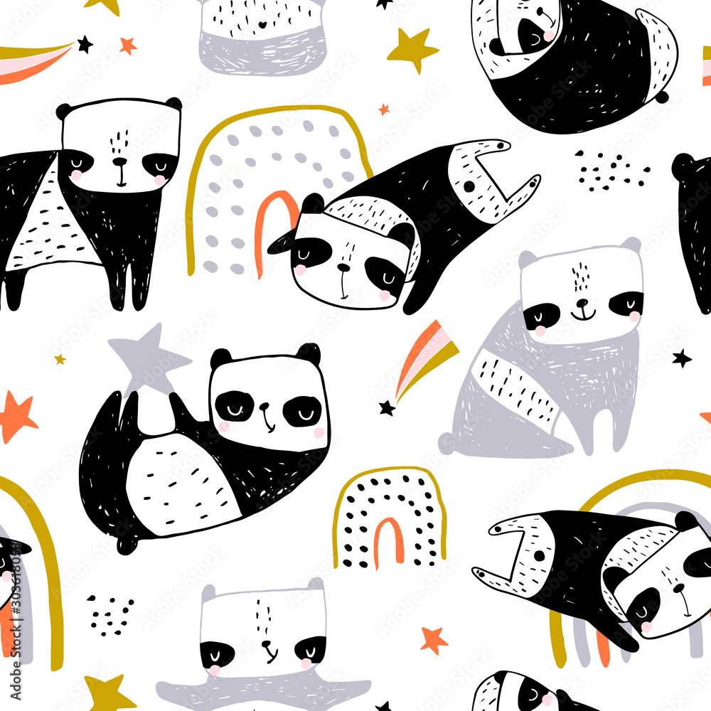 Seamless childish pattern with hand drawn pandas. Creative monochrome ...