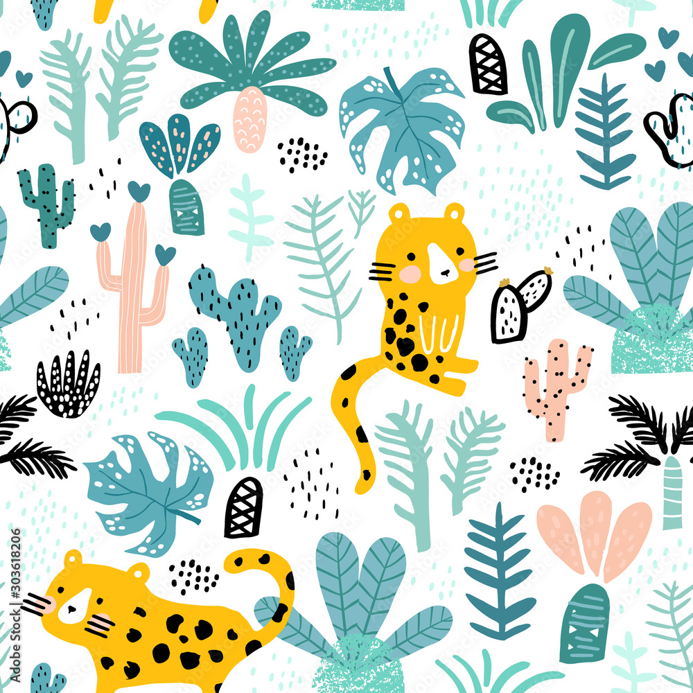 Seamless jungle pattern with cheetah in jungle, branches, palm leaves ...