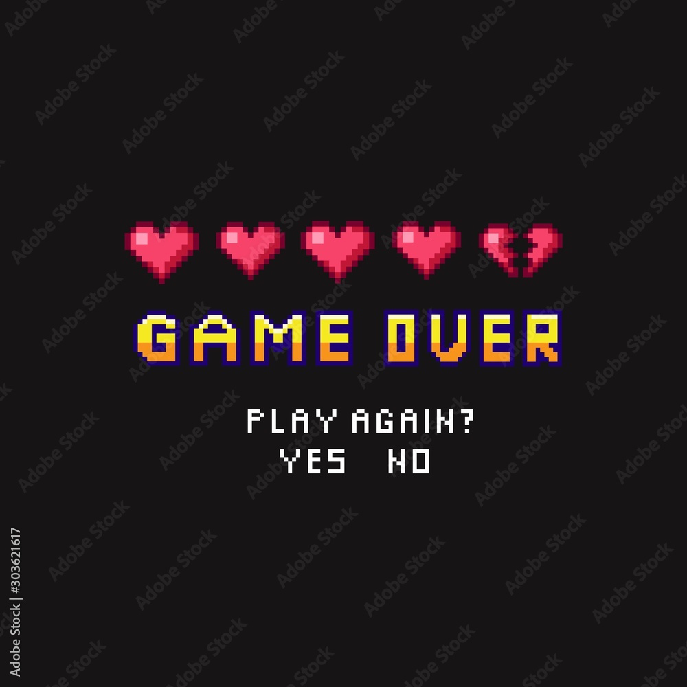 Vetor de Game over pixel death screen with red heats template vector ...