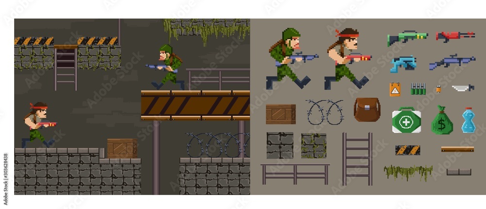 Pixel military shooter character game diy constructor vector ...