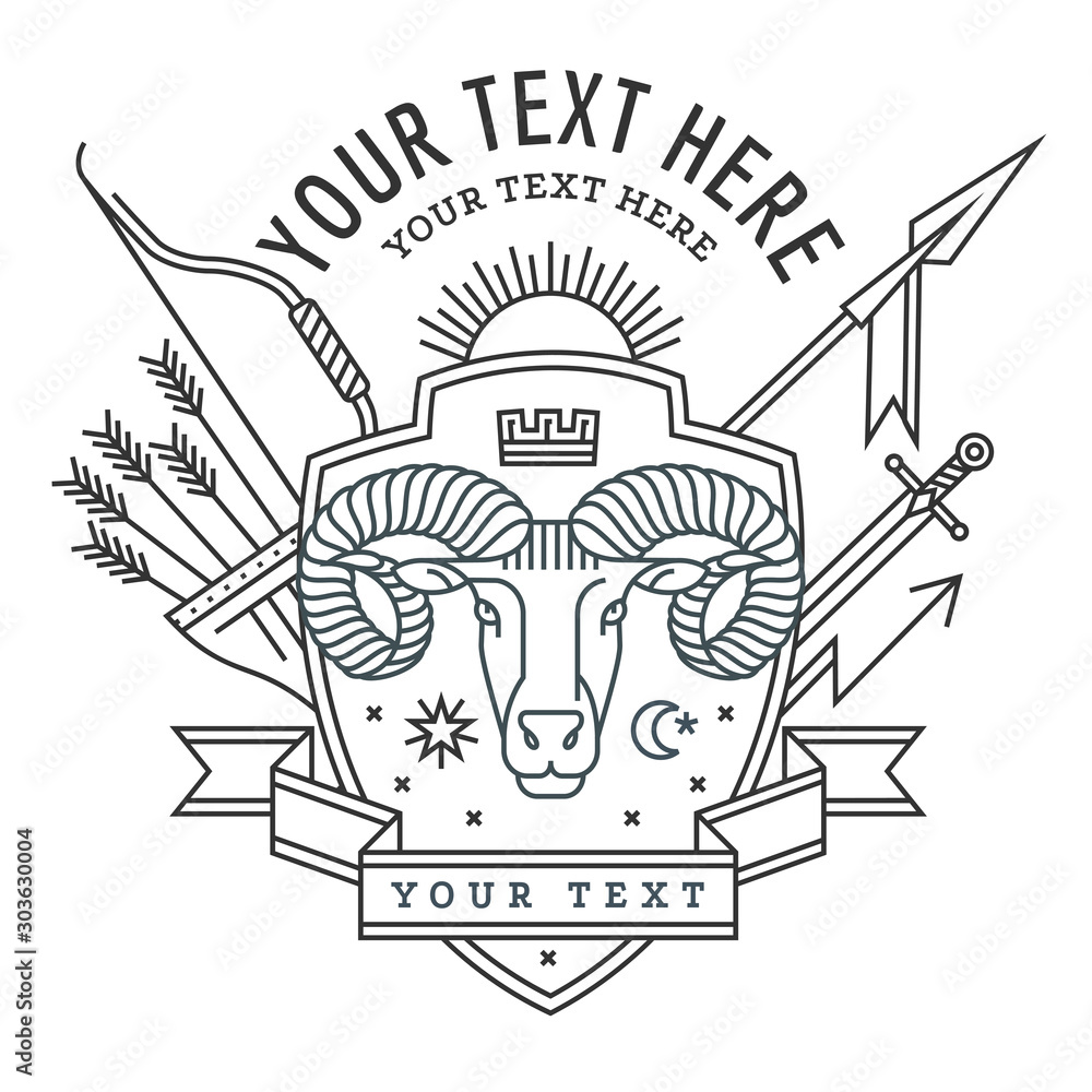 Emblem, badge with a ram head in the style of linear engravings ...