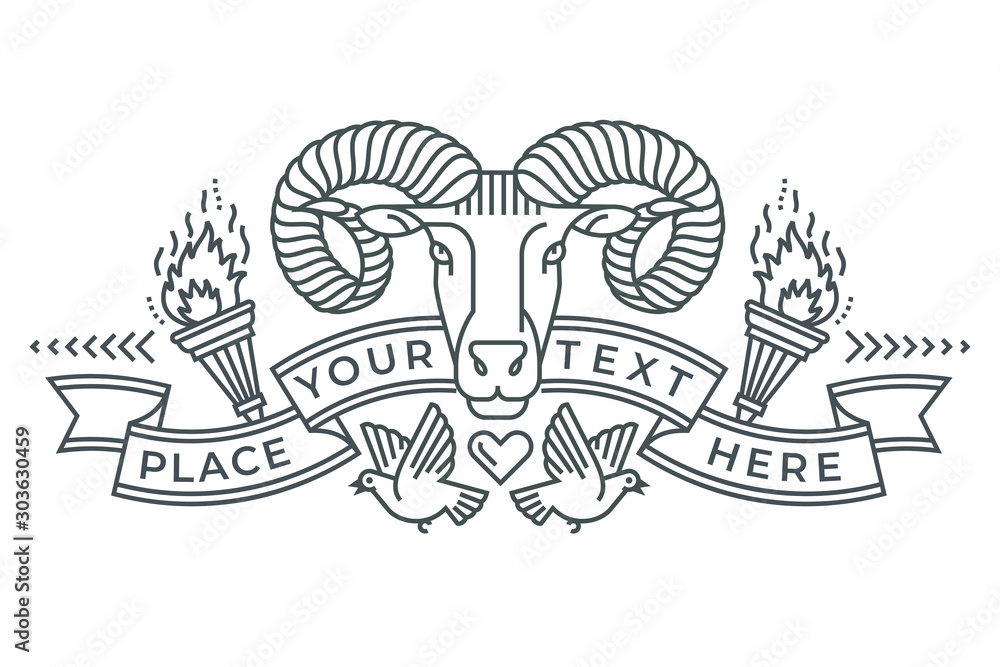 Emblem, badge with a ram head in the style of linear engravings ...